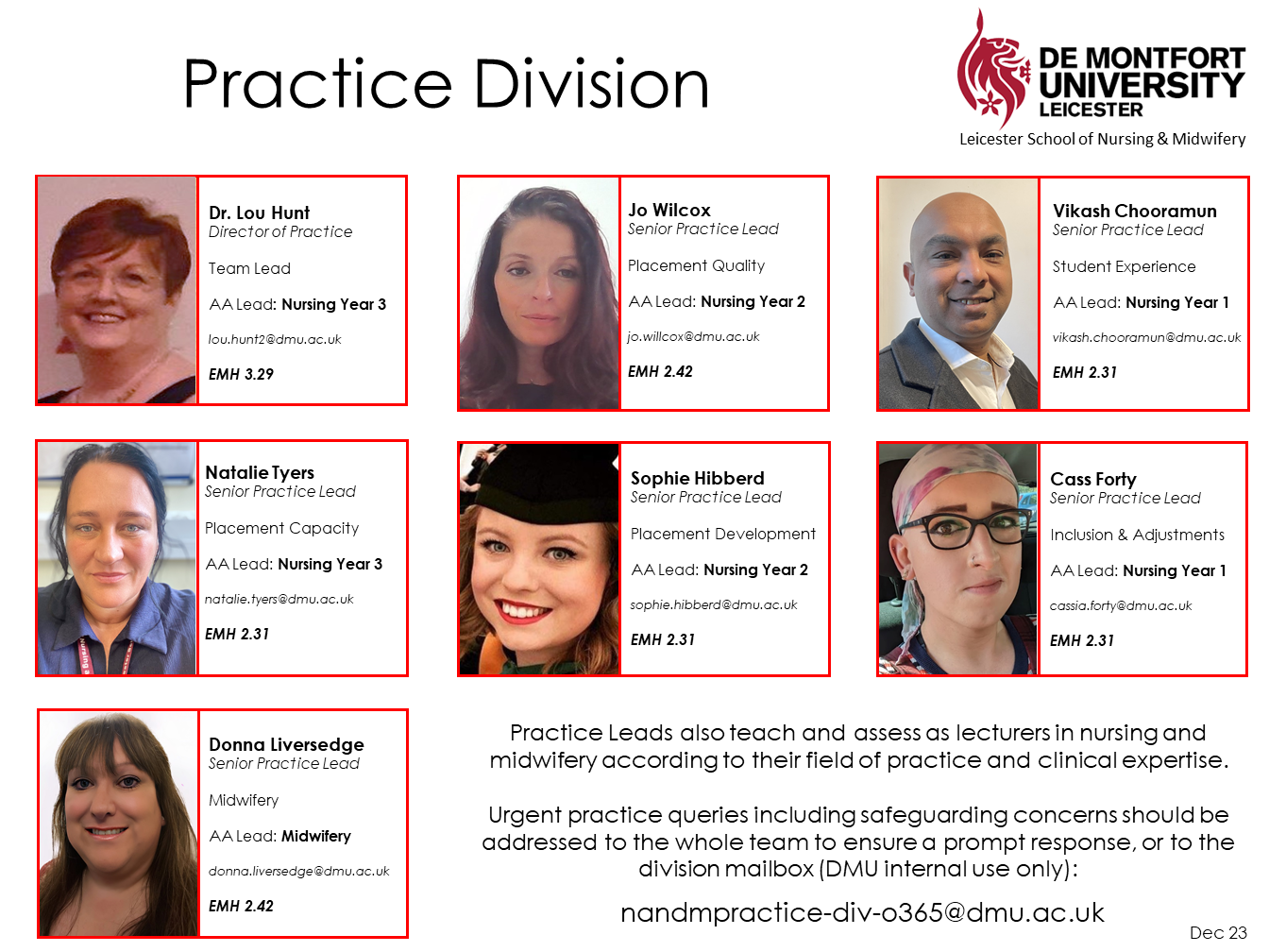 Key Contacts – Practice Leads – DMU Placement Hub
